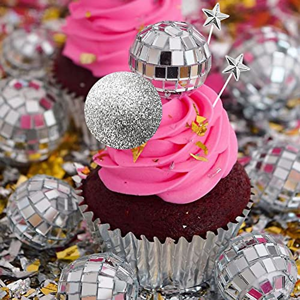 Disco Balls Cake Toppers Mirror Balls with Boho Stars Cake Decorations for 70s 80s Disco Dance Party Saturday Night Fever Supplies (Silver)