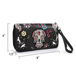 Sugar Skull Wallet PU Leather Western Wristlet Wallet (Black Sugar Skull)