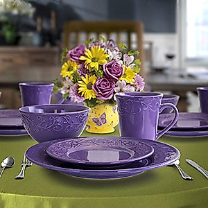 Elama Embossed Stoneware Elegant Round Dinnerware Dish Set, 16 Piece Set, Lilac Purple