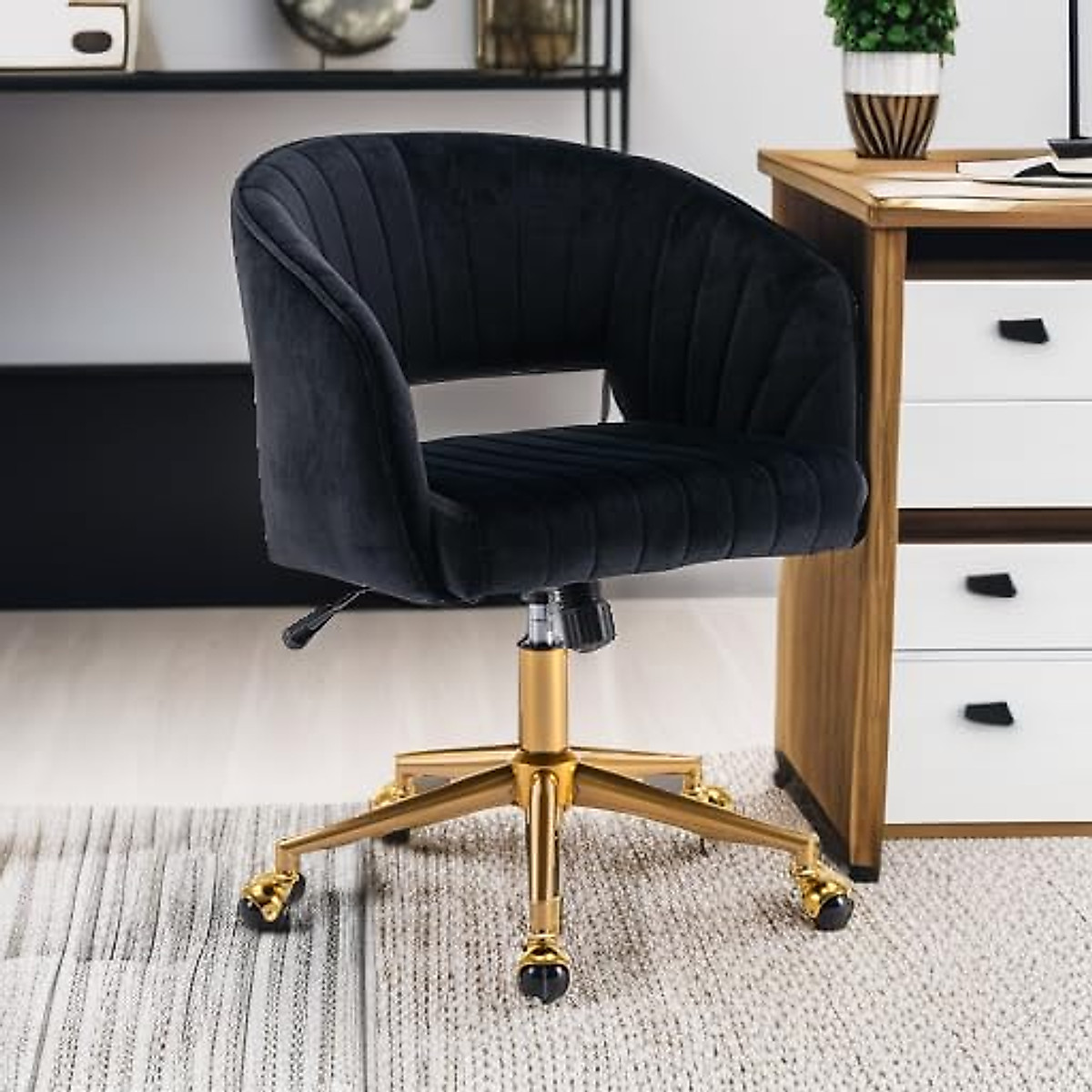 Home Office Chair Swivel Velvet Desk Chair Accent Armchair Upholstered Modern Tufted Chairs with Gold Base for Girls Women Ergonomic Study Seat Computer Task Stools for Living Room(Black)