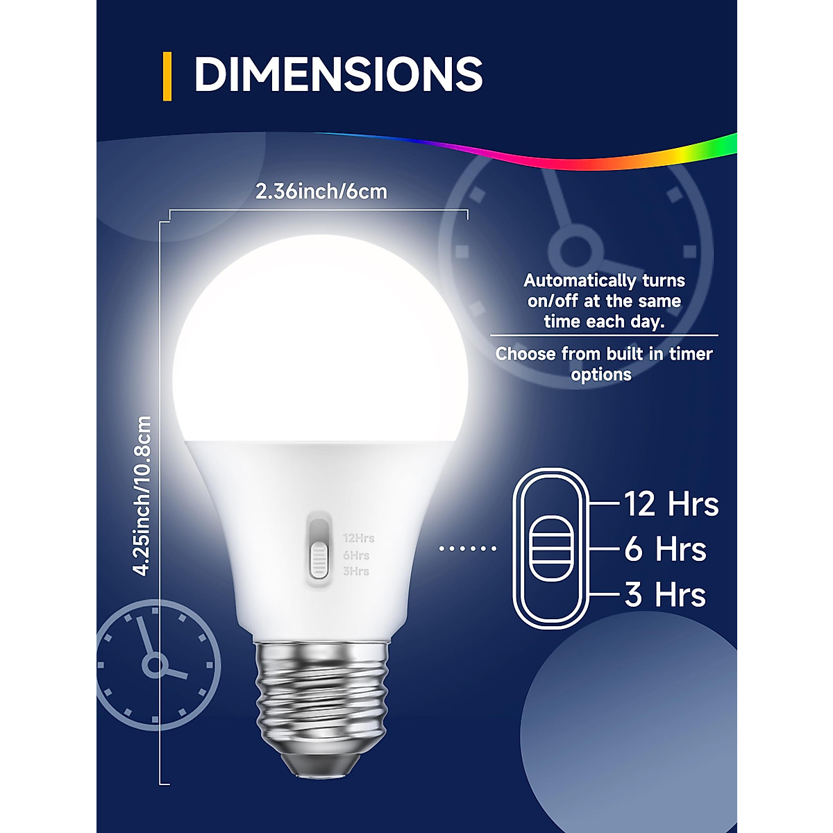 UNILAMP Timer LED Light Bulbs 4 Pack, 13W (100W Equivalent) LED Bulb, Built-in Automatic Timer, 5000K Daylight A19, Automatic On/Off, Indoor Light Timer