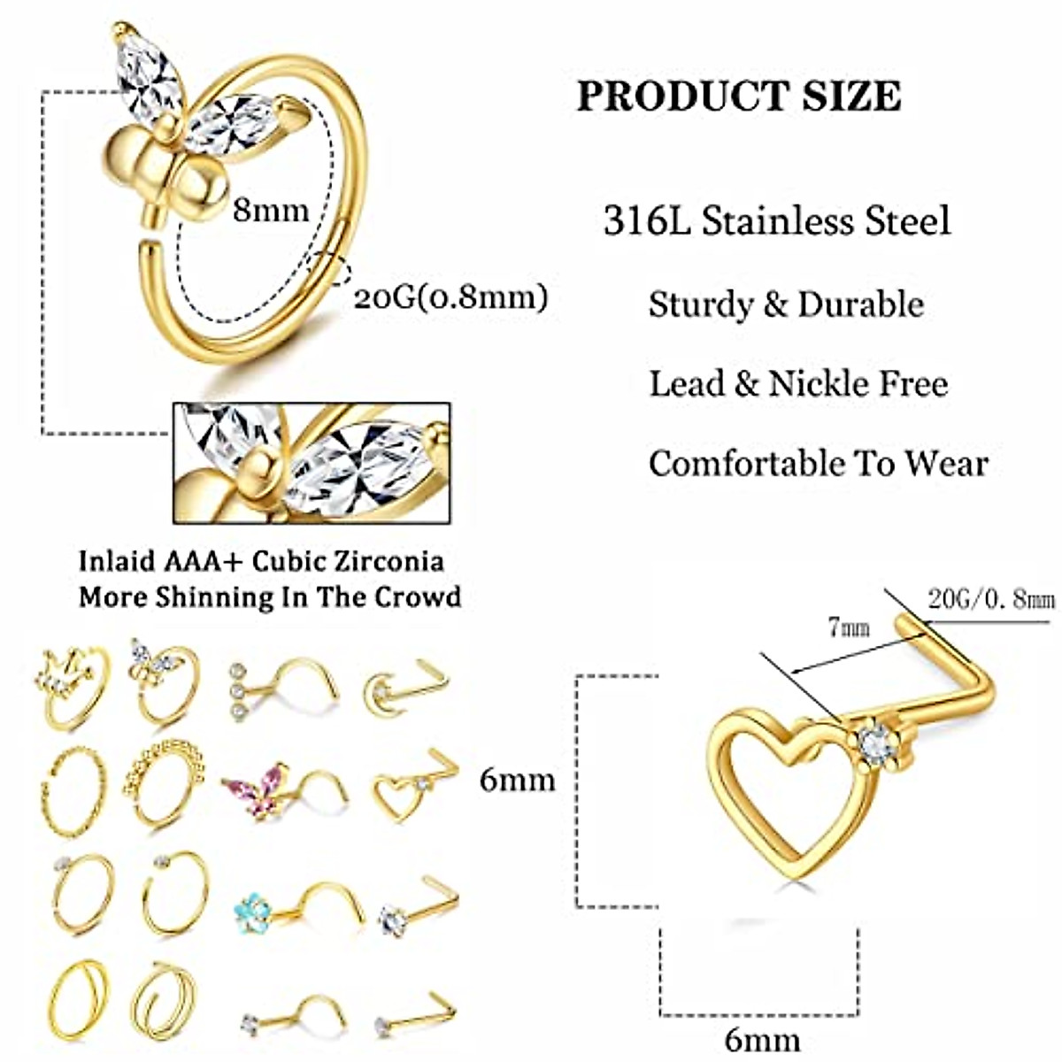 EVISPOL 16Pcs 20G Nose Piercing Jewelry for Women Men, Stainless Steel Nose Rings Hoops CZ Nose Studs Butterfly Moon Nose Screws L Shape Nose Piercings (Gold-16Pcs)