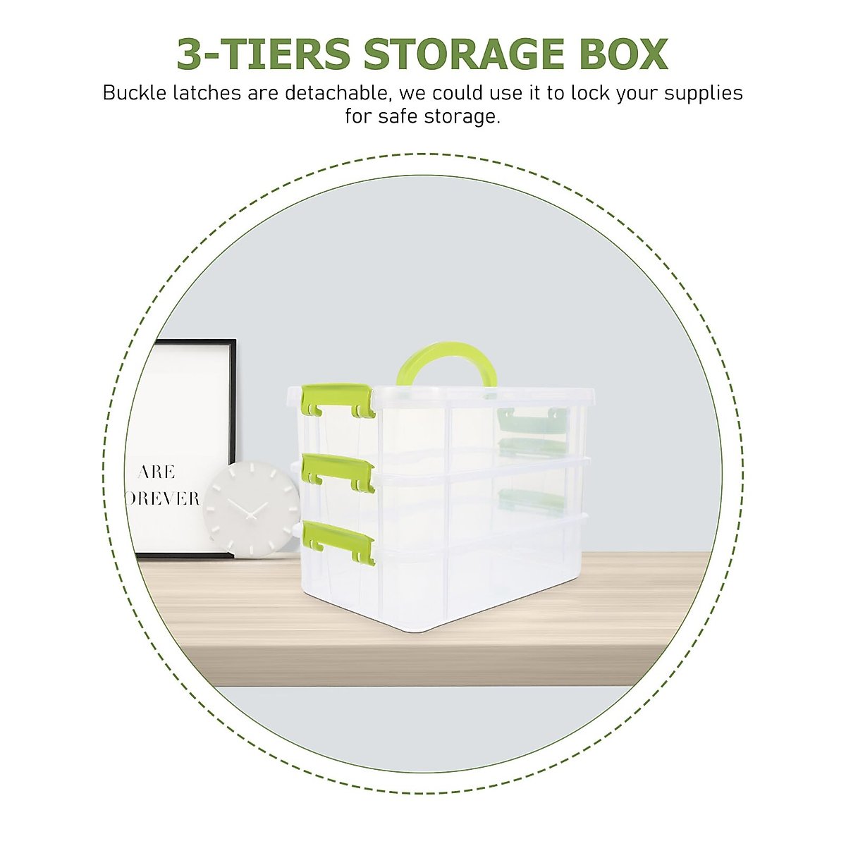 VILLCASE 3-Tiers Stack Carry Storage Box, Transparent Stackable Storage Bin with Handle Lid Latching, Plastic Storage Container Box for Organizing Stationery, Sewing, Art Craft