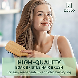 Natural Boar Bristle Hair Brush for Women, Men, Kids; Dry and Wet Detangling Hair Brush Gently Enhances Shine, Smooths Frizz and Prevents Breakage in Fine and Straight, Thick and Curly Hair (paddle)