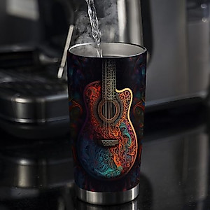 20oz Hippie Acoustic Guitar, Guitarist, Musician Gifts, Coffee Thermos for Men, Women, Stainless Steel Double Wall Vacuum Insulated Coffee Mug, Travel Cup with Lid