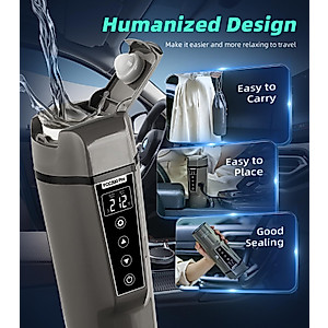 BLONGKY Portable Electric Car Kettle: 12V/24V Kettle Mini Water Boiler for Car Heated Travel Mug,Smart Precision Temperature Adjustment Coffee Tea Truck Cup with Handy Kettle Bag (Taupe, 400ML)