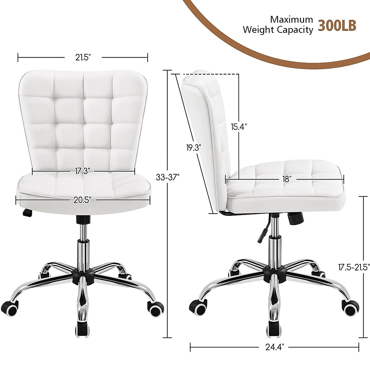 Yaheetech Armless Desk Chair Modern Tufted Office Chair Faux Leather Upholstered Computer Chair with Adjustable Seat Height and Rolling Wheels for Home/Office, White
