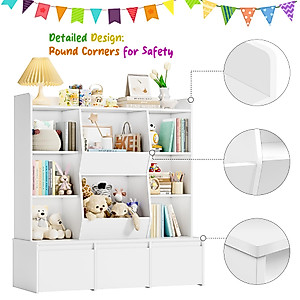 BOTLOG 46.7" Toy Storage Organizer with 3 Movable Drawers, Toys Organizer Bookshelf with 8 Storage Cubbies, Bookshelf for Kids Toy Chest Organizer for Playroom, White
