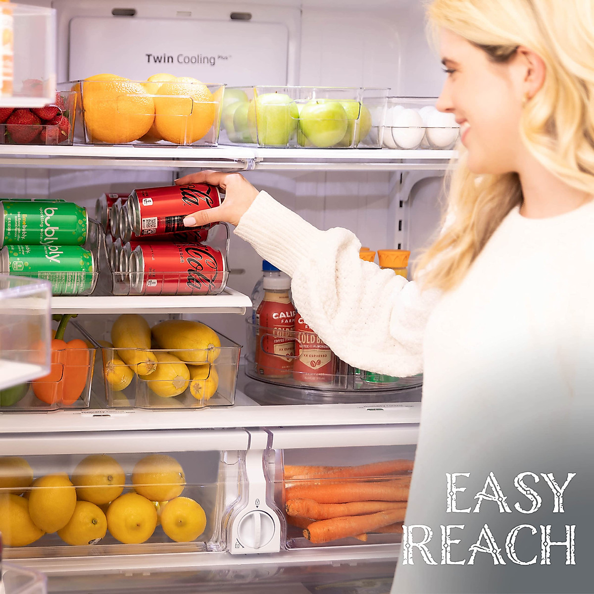 Soda Can Organizer - Clear Plastic Storage Dispenser Bin for Refrigerator. Great Drink Holder for Kitchen Cabinets, Countertops, Pantry, Freezer and Fridge. (4-Pack)