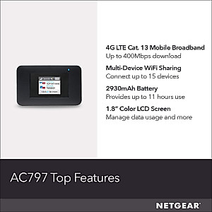 NETGEAR Mobile Wi-Fi Hotspot, 4G LTE Router AC797-100NAS, 400Mbps Download Speed, Connect Up to 15 Devices, Create a WLAN Anywhere, GSM Unlocked