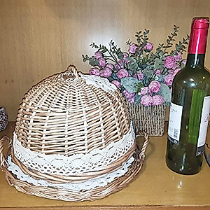 Coralpearl Rattan Wicker Woven Food Dome Lid Cover and Table Serving Tray Storage Plate Platter with Handles for Picnic Party Bread Cake Pizza Dry Fruit Dessert Indoor Outdoor (Brown)