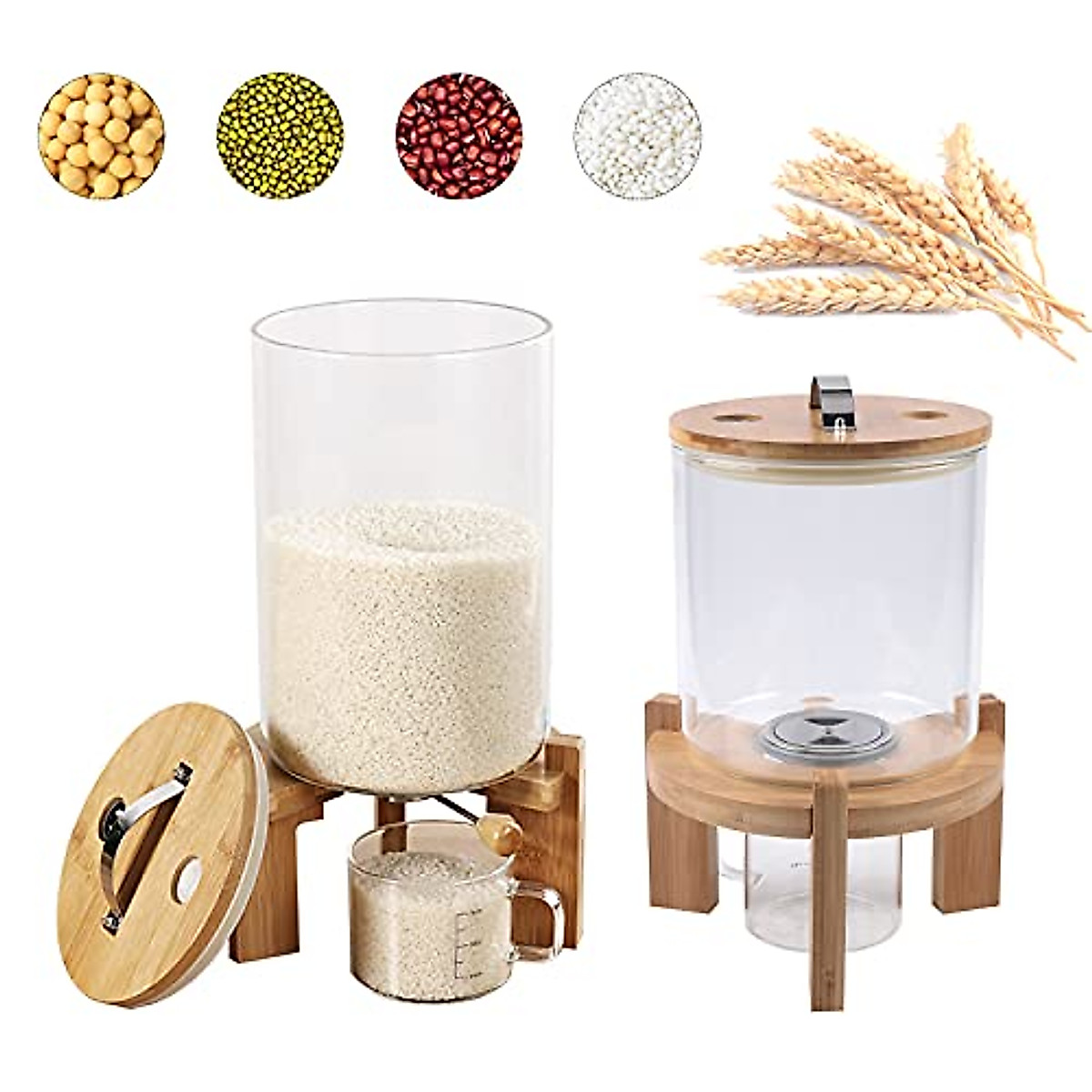 WDZCZDoo Flour and Cereal Container, Rice Dispenser 7.5L, Creative Glass Food Storge Container for Kitchen Organization and Pantry Store, Airtight Lid and Wooden Stand