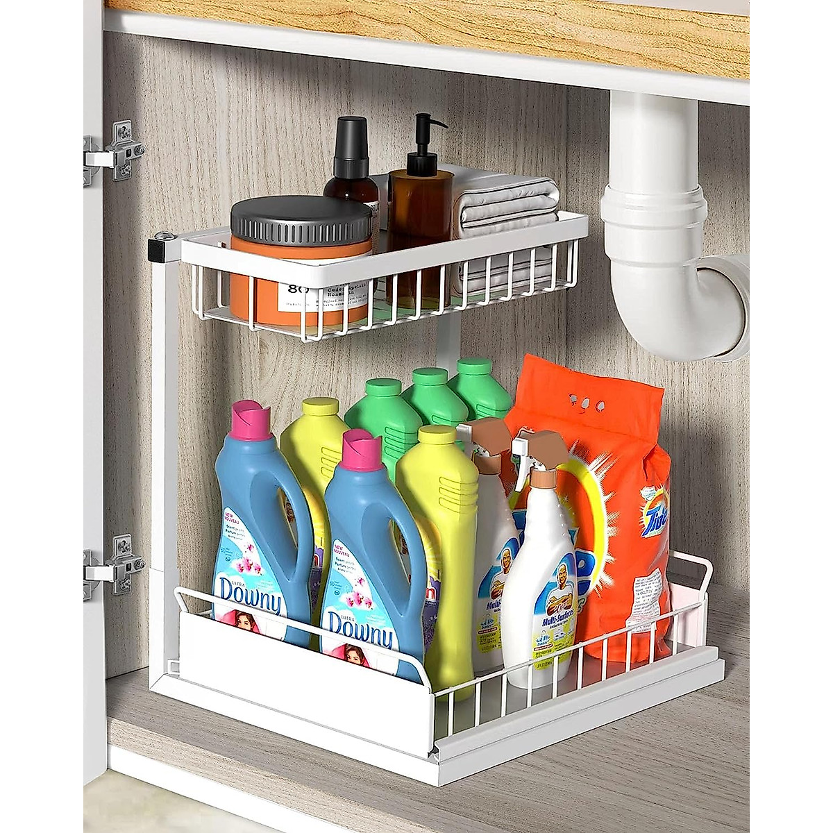 Under Sink Organizer,Metal Pull Out Kitchen Cabinet Organizer with Sliding Drawer,Sturdy Multi-Functional for Bathroom Organization,White