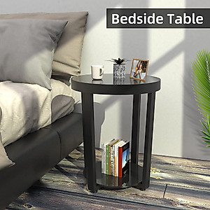 NSFRCLHO Round End Table, Tempered Glass End Table with Metal Frame, Small Coffee Table, Black Sofa Side Table for Living Room, Balcony, Bedroom
