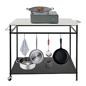 Gagalayong Double-Shelf Movable Outdoor Grill Cart Pizza Oven Stand, Multifunctional Kitchen Food Prep Table with Drawer, Black Solid Steel Dining Worktable on 4 Wheels & Seasoning Tray