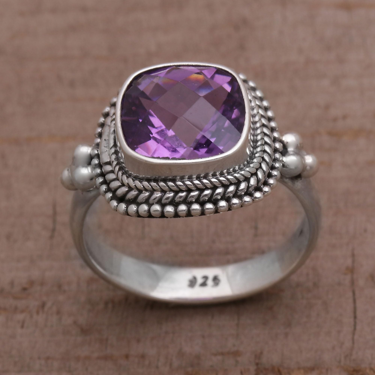 NOVICA Artisan Handmade Amethyst Cocktail Ring Sterling Silver from Bali Purple Single Stone Indonesia Ultra Violet Birthstone [crownbezel 0.6 in H x 0.8 in W x 0.2 in D Band Width 4 mm W] ' Purple