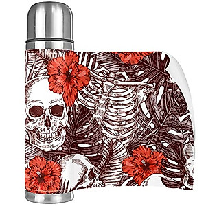 Tropical Vintage Skull Stainless Steel Water Bottle, Leak-Proof Travel Thermos Mug, Double Walled Vacuum Insulated Flask 17 OZ