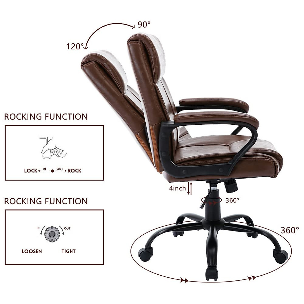 DYHOME Leather Office Chair Brown Desk Chair with Padded Armrests, Adjustable Home Office Chair Mid Back Swivel Task Chair, Ergonomic Mid Century Computer Chair, Capacity 400lbs