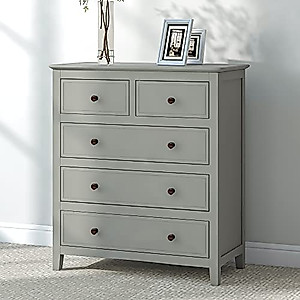 Modern Dresser Chest of Drawer, 5 Drawer Double Dresser with Silver Round Handles, Fully Assembled Storage Tower Clothes Organizer, Wood Dressers for Bedroom/Living Room/Hallway, Gray Wood Closet