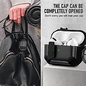 Youskin Airpod Pro Case Secure Lock Clip Case,Carbon Fiber Military Armor Series Full-Body Rugged Hard Shell Airpod Pro Case for Men Women with Keychain,Black