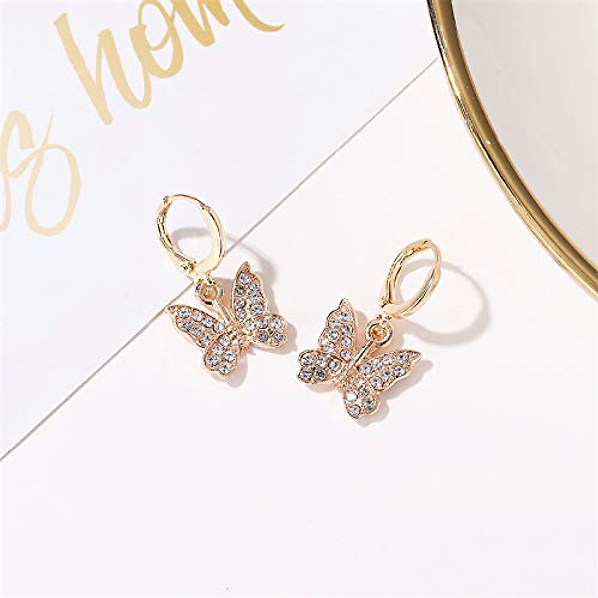 INENIMARTJ Butterfly Earrings Butterfly Dangle Earrings 14K Gold Small Crystal Butterfly Hoop Earrings for Women