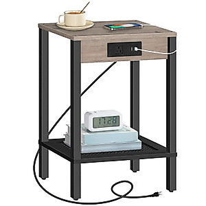 HOOBRO Side Table with Charging Station, End Table with USB Ports and Outlet, Nightstand with Storage Shelf, Faux Rattan Decoration, for Living Room, Bedroom, Greige and Black BG91UBZ01