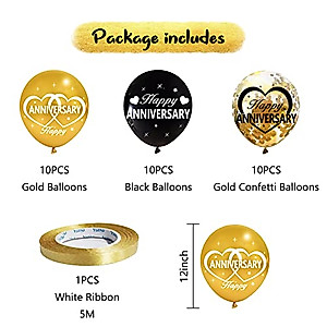 Lnlofen 30Pcs Happy Anniversary Balloons Decorations Kit, 12 Inch Black Gold Wedding Latex Confetti Party Supplies, 10th 20th 30th 40th 50th 60th Indoor Outdoor Decor