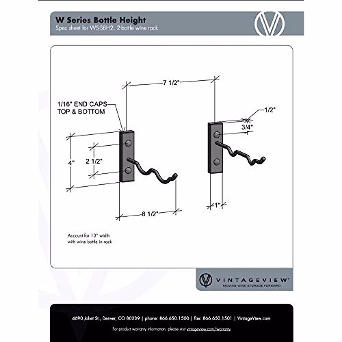 VintageView W Series Bottle Height Wall Mounted Metal Wine Rack (2 Bottles, Satin Black)