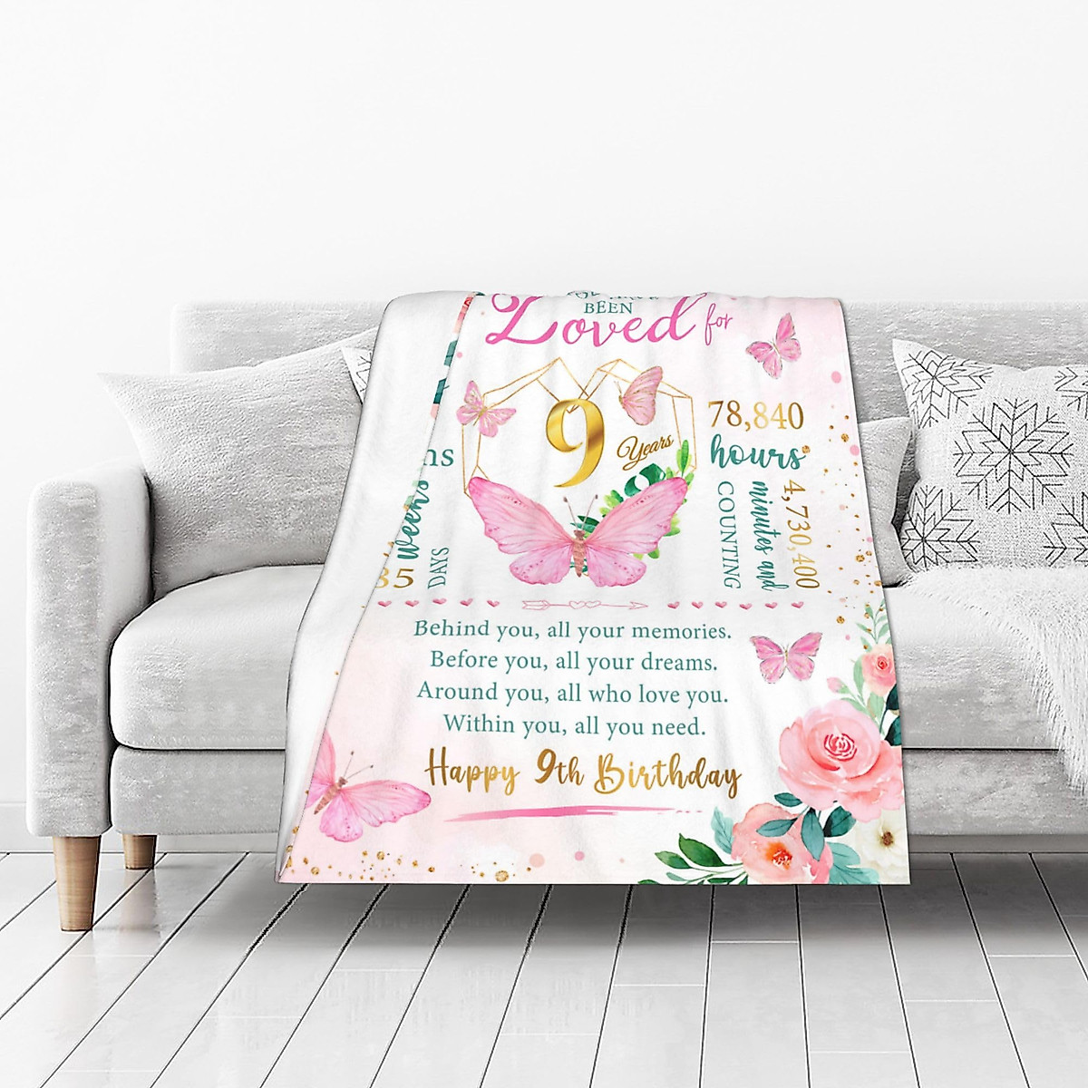 Vervehub 9 Year Old Girl Birthday Gifts Blanket 50"X40", 9 Year Old Girls Gift, Birthday Gifts for 9 Year Old Girls, Best Presents for 9 Year Old Girls, 9 Yr Old Girl Gift, 9th Birthday Gifts