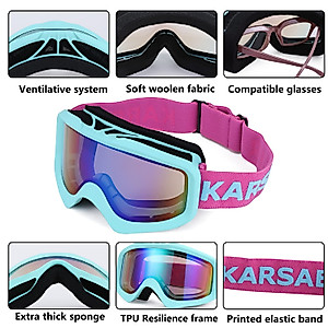 Karsaer Ski Goggles Anti-Fog Snow Goggles OTG 100% UV Protection Snowboard Goggles Bendable Dual-Lenses for Men Women Youth