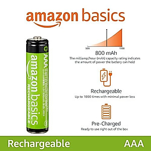 Amazon Basics 12-Pack Rechargeable AAA NiMH Performance Batteries, 800 mAh, Recharge up to 1000x Times, Pre-Charged