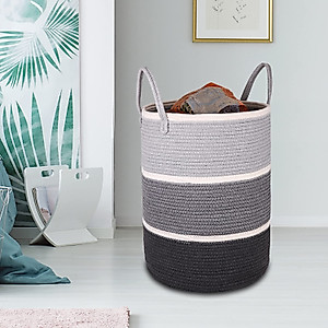 KINGSUSLAY Cotton Rope Laundry Hamper,70L Laundry Basket,Tall Woven Rope Basket for Blanket storage,Nursey Hamper for Toys,Pillows, Christmas Gifts,Clothes in Bedroom, Living Room(Grey White)