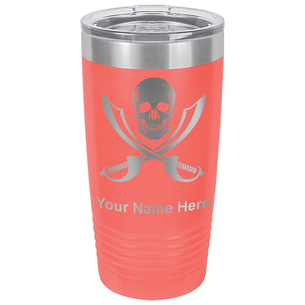 LaserGram 20oz Vacuum Insulated Tumbler Mug, Jolly Roger, Personalized Engraving Included (Coral)