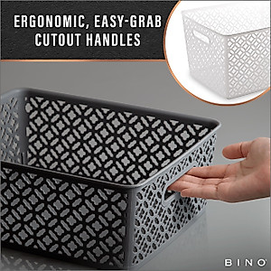 BINO l Plastic Storage Baskets, Medium - Grey | THE BLOSSOM COLLECTION l Multi-Use Organizer Bin l Built-in Handles l Plastic Woven Basket for Organizing l Pantry & Home Organizing Basket