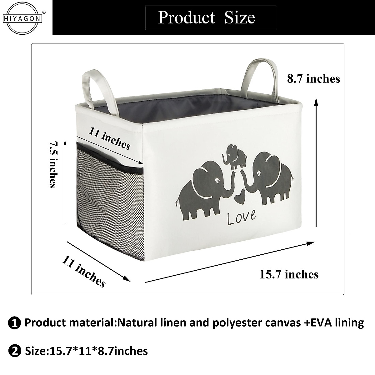 HIYAGON 2 Pack Rectangular Storage Basket,Canvas Toys Storage Bin Organizer,Large Storage Box with Sides Mesh pockets for Home,Shelves,Closet,Bedroom(2 Love Elephants)