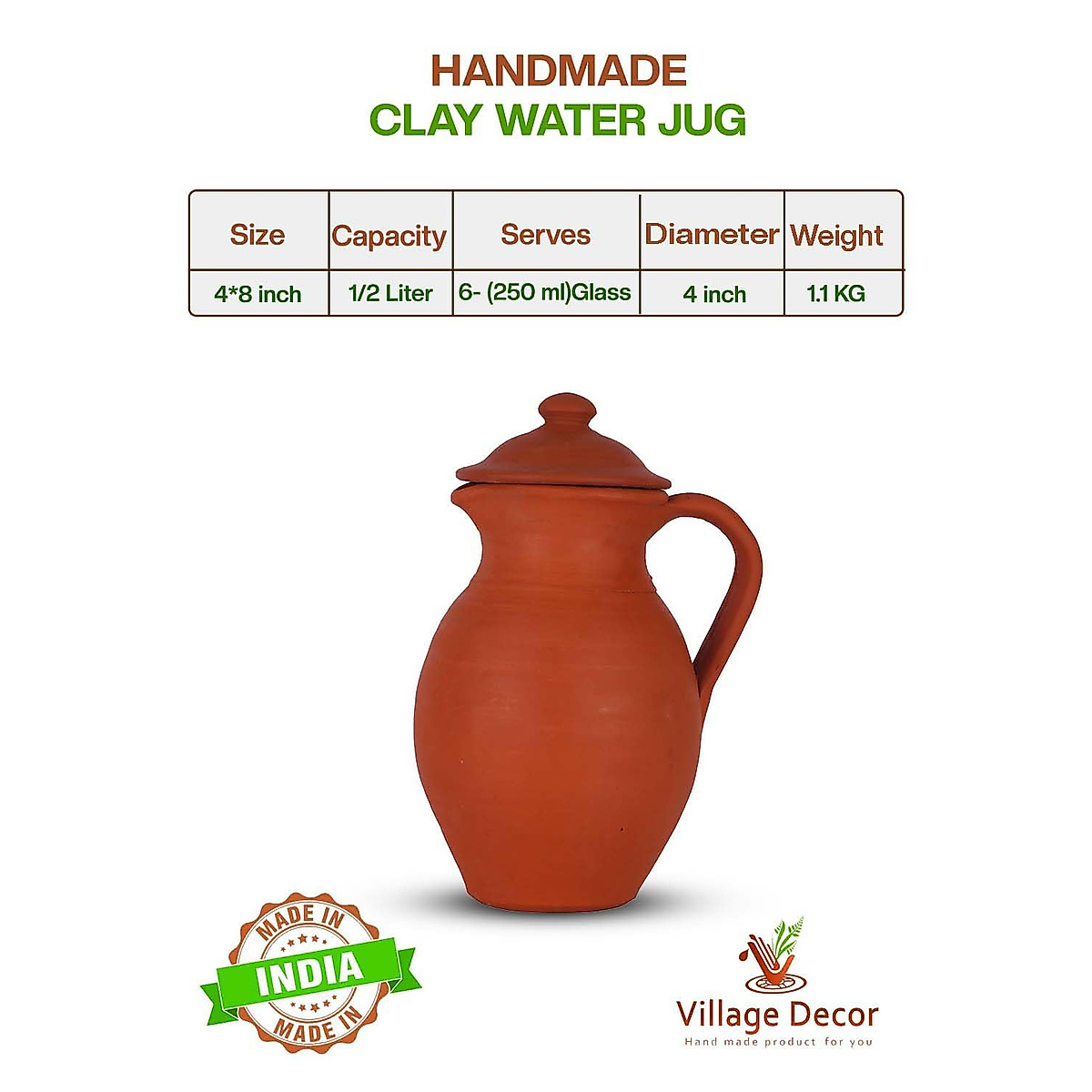 Village Decor Handmade Earthen Clay Water Jug with Lid | Carafes Pitcher | Capacity 51 oz 1500 ml