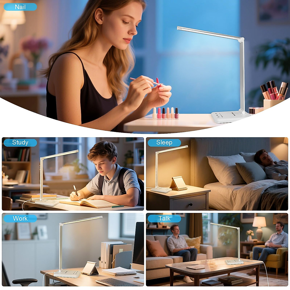 White crown LED Desk Lamp Dimmable Table Lamp Reading Lamp with USB Charging Port 5 Lighting Modes, Sensitive Control, 30/60 min Auto-Off Timer, Eye-Caring Office Lamp (Silver)