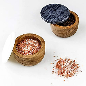 jalz jalz Large Wood Salt Box with Spoon Spice Seasonings Keeper Solid Natural Acacia Base White Marble Lid Elegant Design Decorative Boxes Big Capacity
