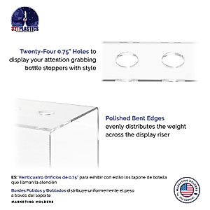 Marketing Holders Wine Bottle Topper Liquor Pourer Display Stand Multi Level 24 Slot Rack with .75 Inch Wide Holes Clear Acrylic Riser 11.5 Inch Wide by 10 Inch Deep Retail Countertop Showcase