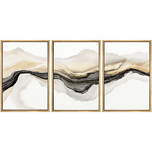 SIGNWIN Framed Canvas Print Wall Art Set Gold Gray Smoke Wave Landscape Abstract Shapes Illustrations Modern Art Decorative Contemporary Colorful for Living Room, Bedroom, Office - 16"x24"x3 Natural