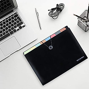 Uquelic 8 Pockets Expanding File Folder - Plastic Black Accordion Document Storage Organiser A4 Letter Size Expandable File Jacket Filing Wallets with Label (Black)