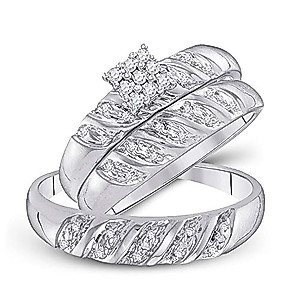 Sizes - L = 4.5, M = 9.5 - 10k White and Yellow 2 Two Tone Gold Mens and Ladies Couple His & Hers Trio 3 Three Ring Bridal Matching Engagement Wedding Ring Band Set - Round Diamonds - Princess Shape Center Setting (.09 cttw) - Please use drop down menu to