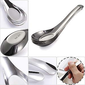 Soup Spoons Set of 6 Stainless Steel Dinner Spoons Mirror Polished Soup Spoon Asian Soup Spoons for Bouillon Dessert Cereal Thai Miso Ramen(6 Pcs) (Medium)