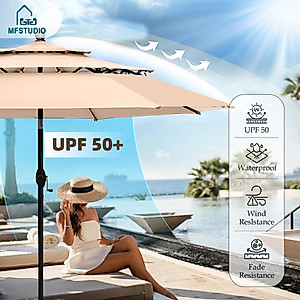 MFSTUDIO 6 Pieces Patio Umbrella Dining Sets with 4 Swivel Chairs, 1 Square Table and 1 x 9 Ft Beige Umbrella (Base Not Included), All Weather Heavy Duty Black Frame, Outdoor Furniture for 4