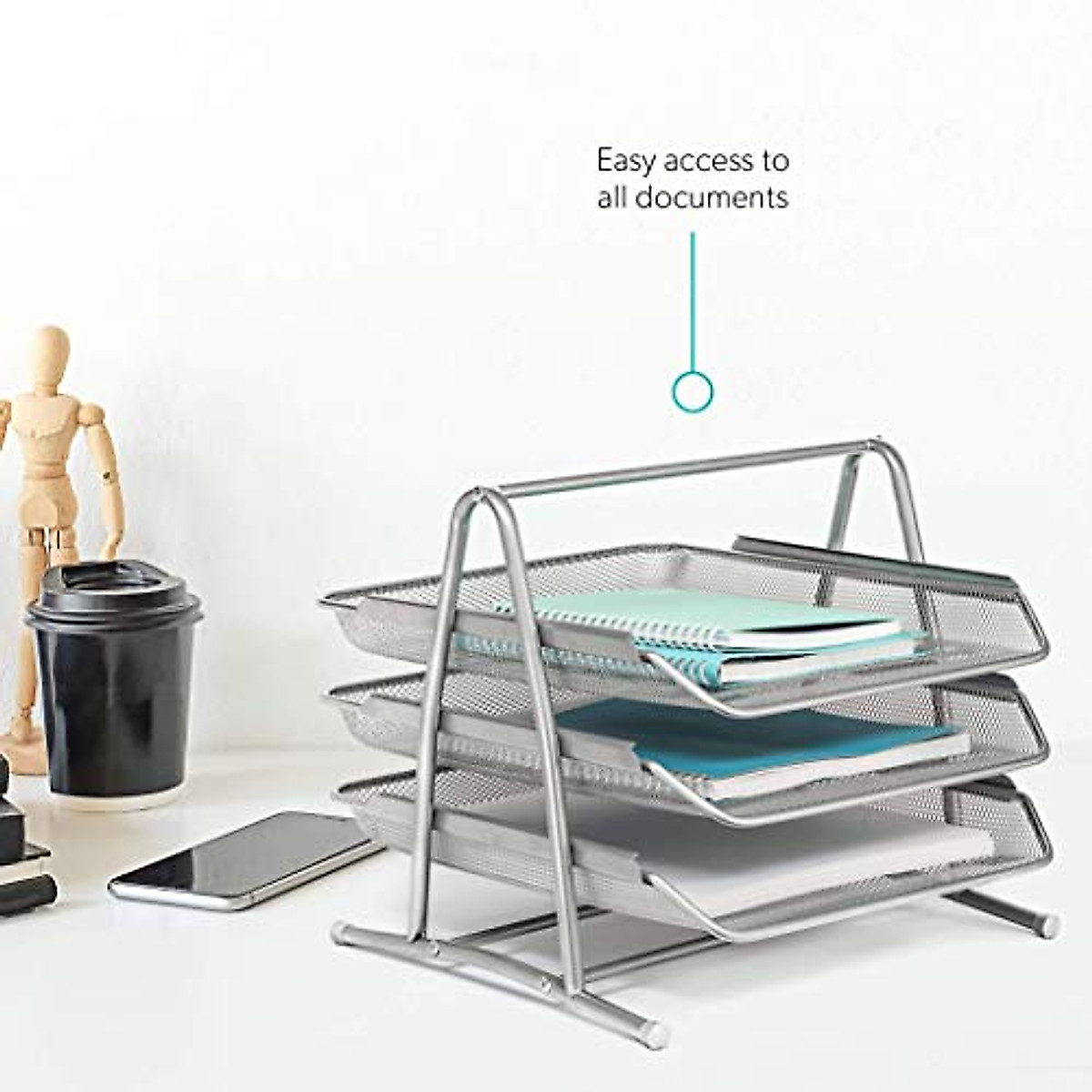 Mindspace Desk Organizer Paper Tray with 3 Tier Desktop File Organizer | Office Organizer & Stacking File Holder, Document Organization for Desk | The Mesh Collection, Silver