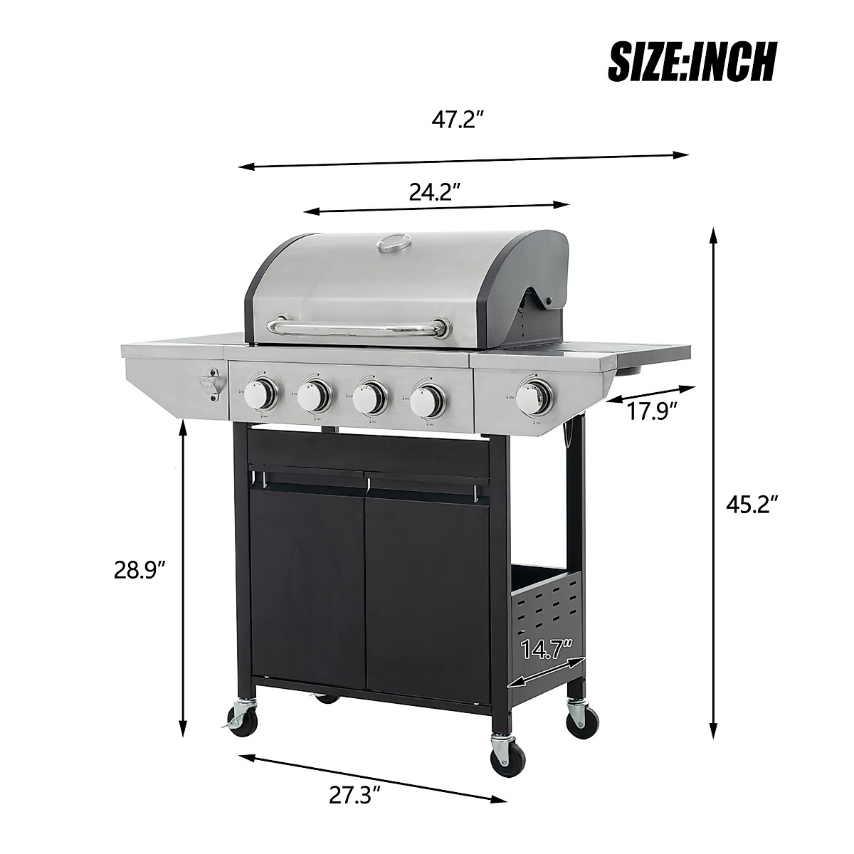 4-Burners Propane Gas BBQ Grill With Side Burner and Thermometer,Stainless Steel BBQ Grill,1,33950 BTU Output,Suitable For Outdoor Cooking Kitchen And Patio Backyard Barbecue (Silver)
