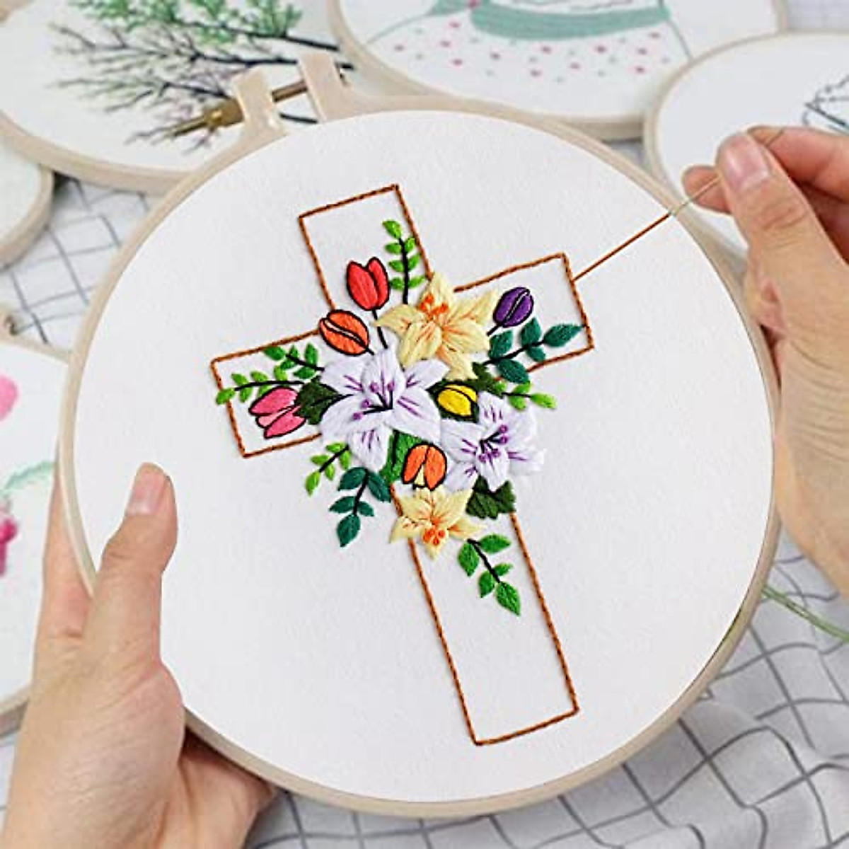 Louise Maelys Cross Lily Pattern Embroidery Starter Kit,Cross Stitch Kits for Adults with Embroidery Hoop Needles Threads Instruction -Easter Jesus