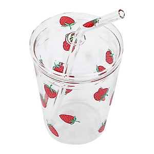 Cute Glass Cups With Lids And Straws, 300ml Strawberry Glass Cup, Heat Proof Cute Strawberry Mug Kawaii Cup, For Home Office