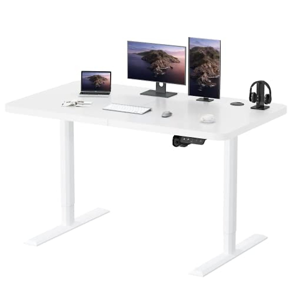 JUMMICO Standing Desk Electric Adjustable Desk Large 55 x 24 Sit Stand Up Desk Home Office Computer Desk Memory Preset with T-Shaped Metal Bracket and Holes for Routing Cables, White