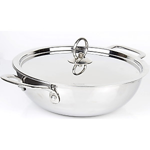 Triply Stainless Steel Kadai with Steel Lid | Everyday Pan, Stir Fry Pan with Triply Base, Saute Chef’s Pan with Glass Lid, Multipurpose Stewpot Skillet, Diameter: 24 cm, Capacity: 2.5 L (2.64 Quart)